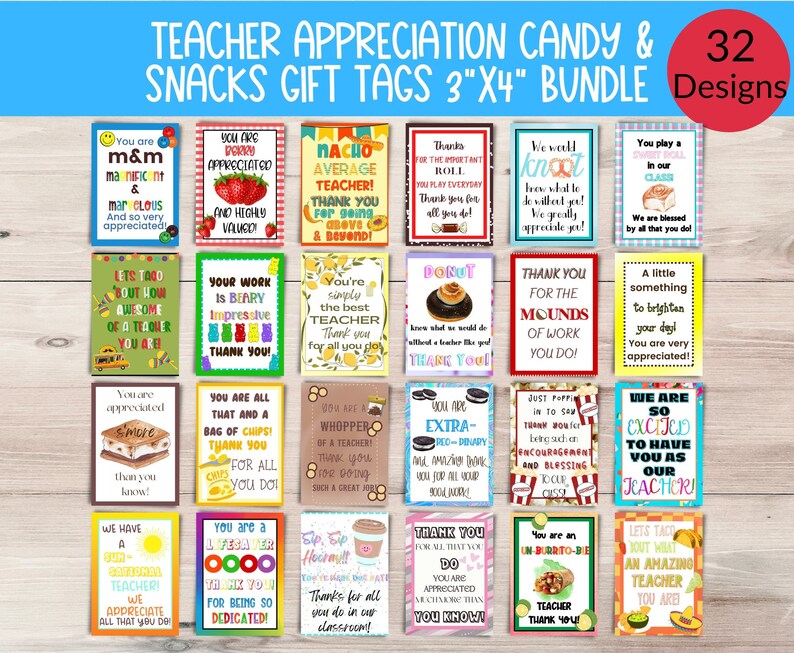 Teacher Appreciation Gift Tags Bundle: Candy & Snack Designs (digital ...