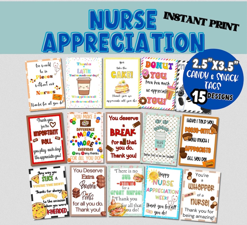 Nurse Appreciation Gift Tags Bundle: Candy & Snack, 15 Designs (digital ...