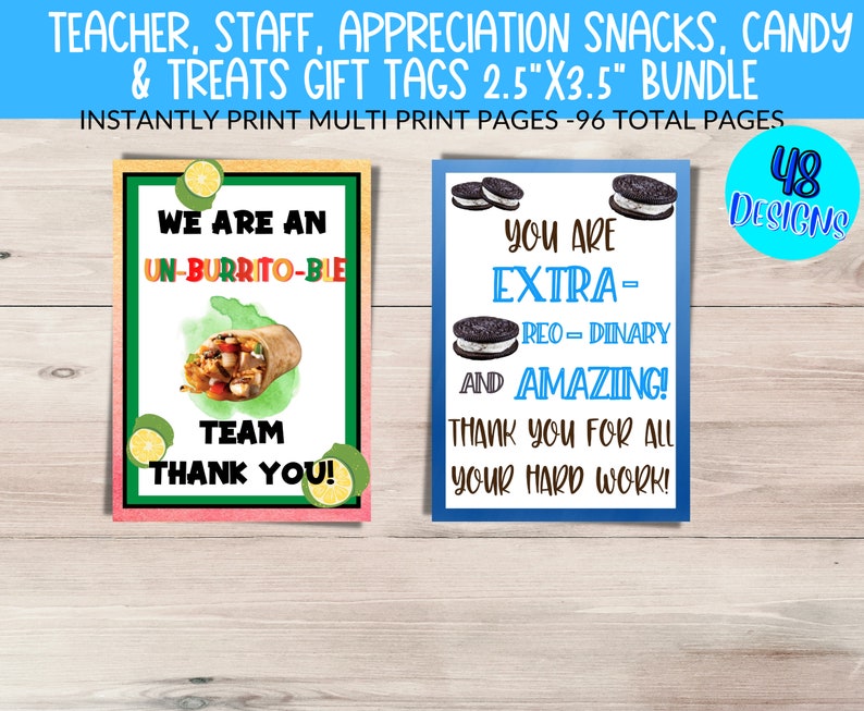 Candy & Snacks Appreciation Gift Tags Bundle: Teacher, Staff, Employee ...