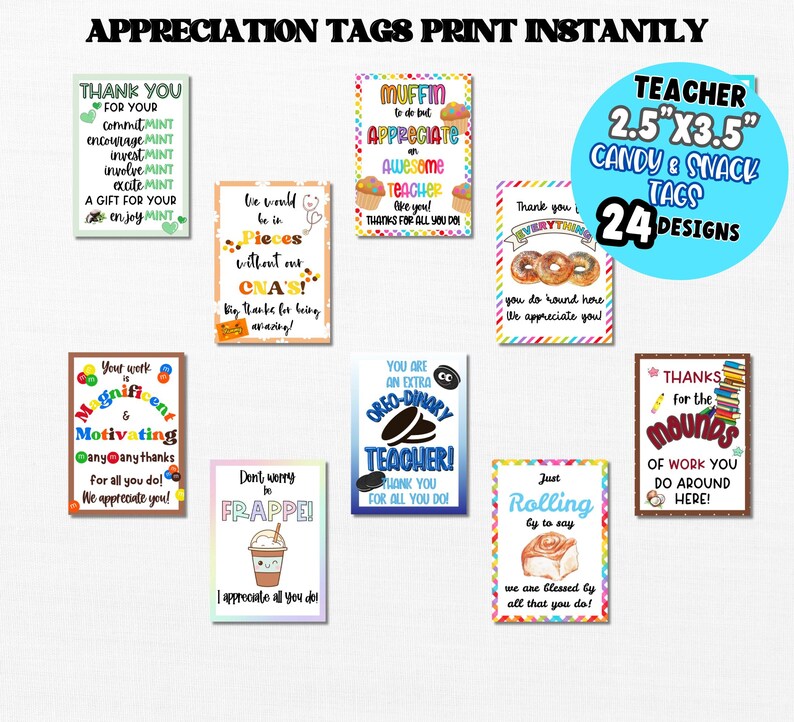 Appreciation Gift Tags Bundle: Teacher, Staff, Employee Candy & Snack ...