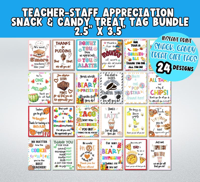 Appreciation Gift Tags: Snack & Candy Treat Bundle (24 Designs ...