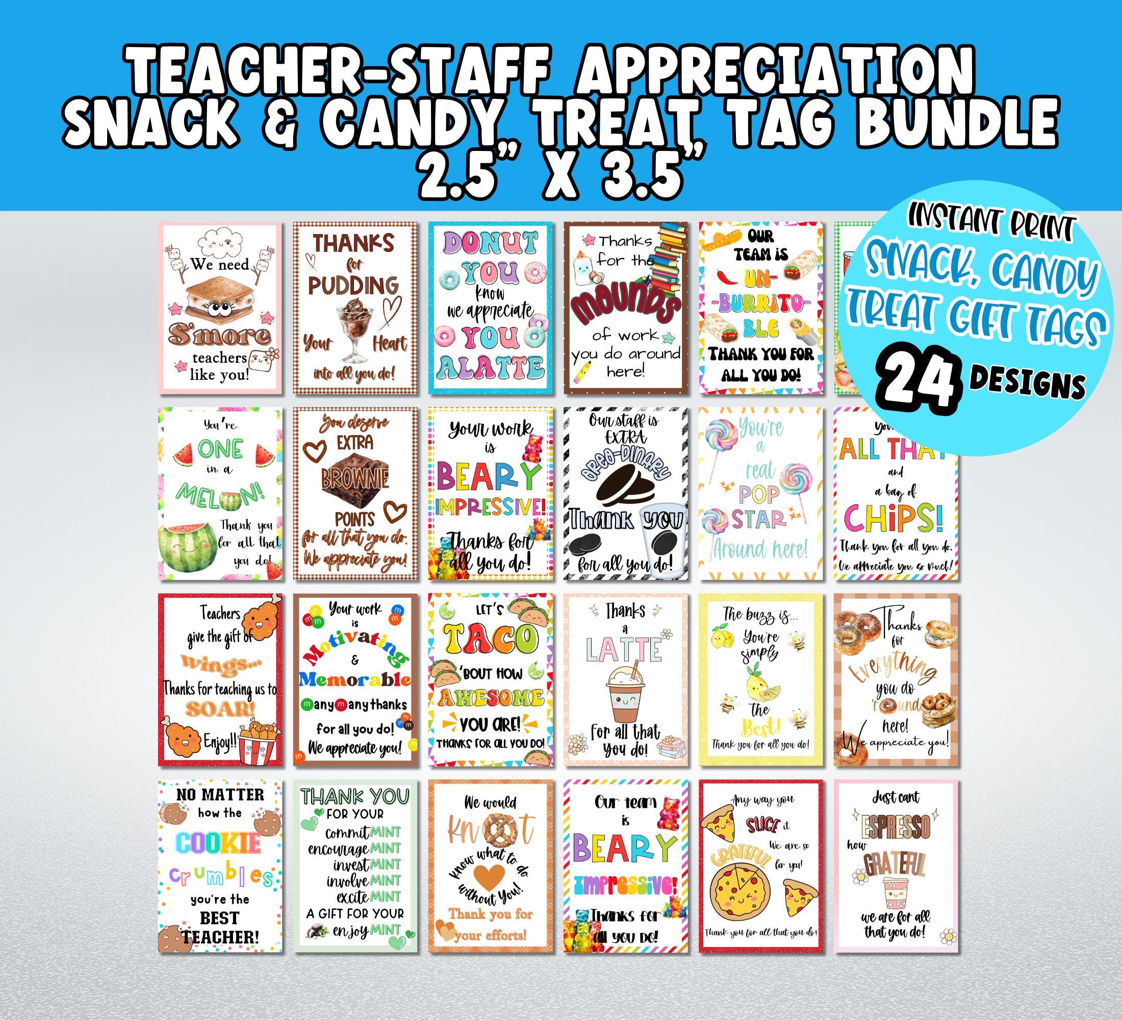 24 Staff & Candy APPRECIATION Gift Tags Bundle|teacher Appreciation ...