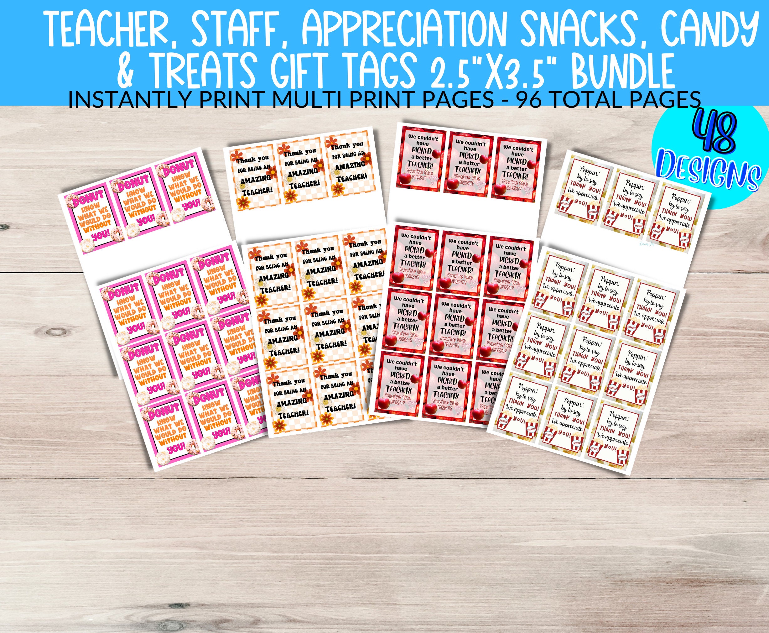 48 CANDY & SNACKS APPRECIATION Gift Tags| Bundle|teacher, Staff Tag ...