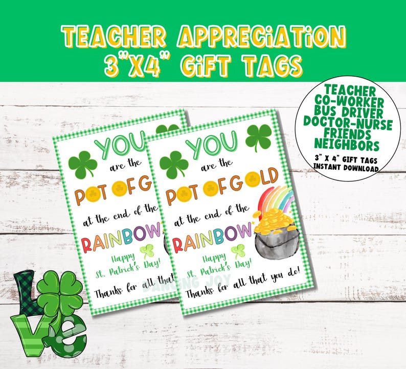 St. Patrick's Day Thank You Gift Tags|teacher Staff, Nurse, Employee ...