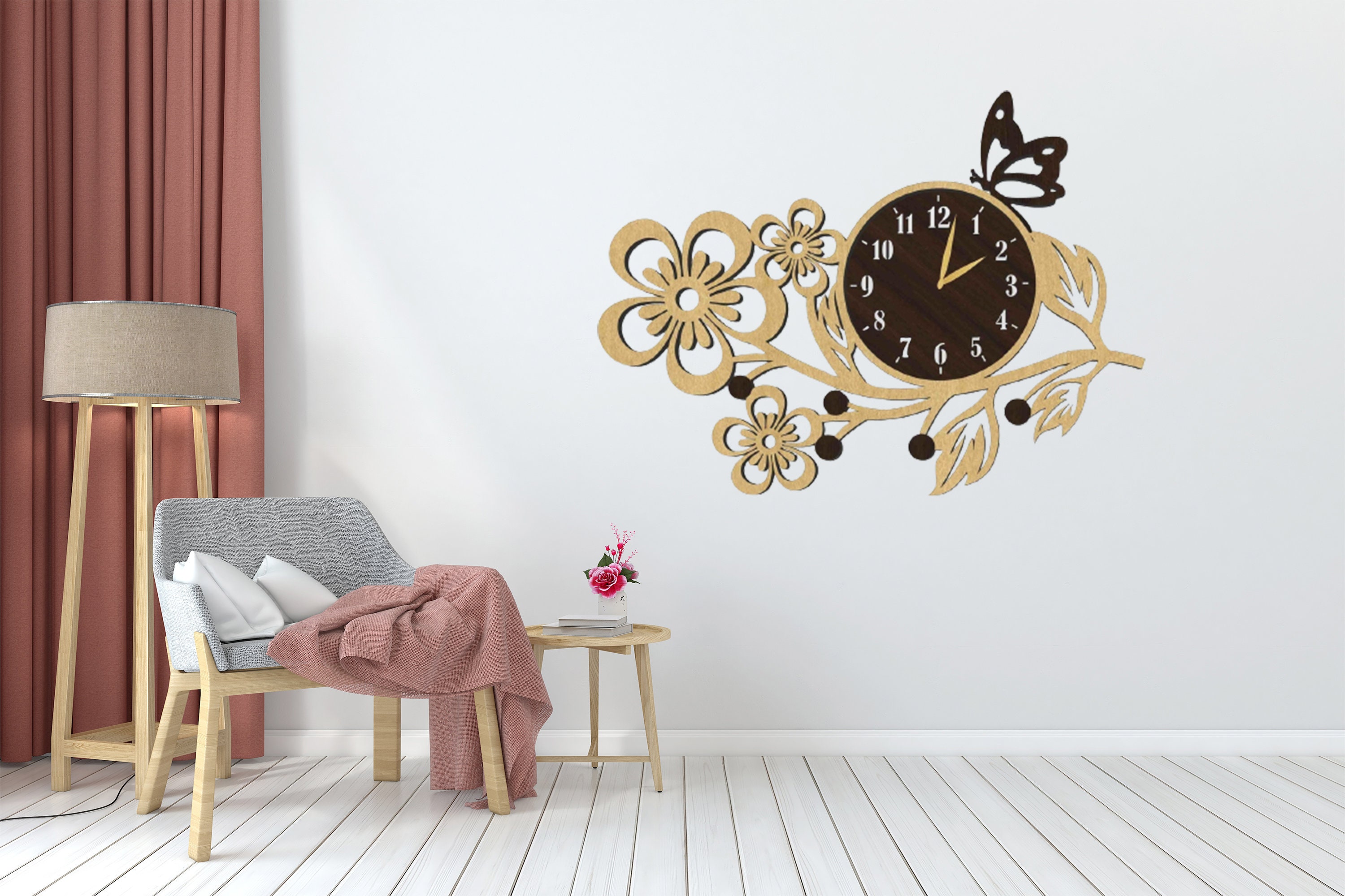 Laser Cut Flower Wall Clock Vector, Decal Papercut Template,wall Decor ...