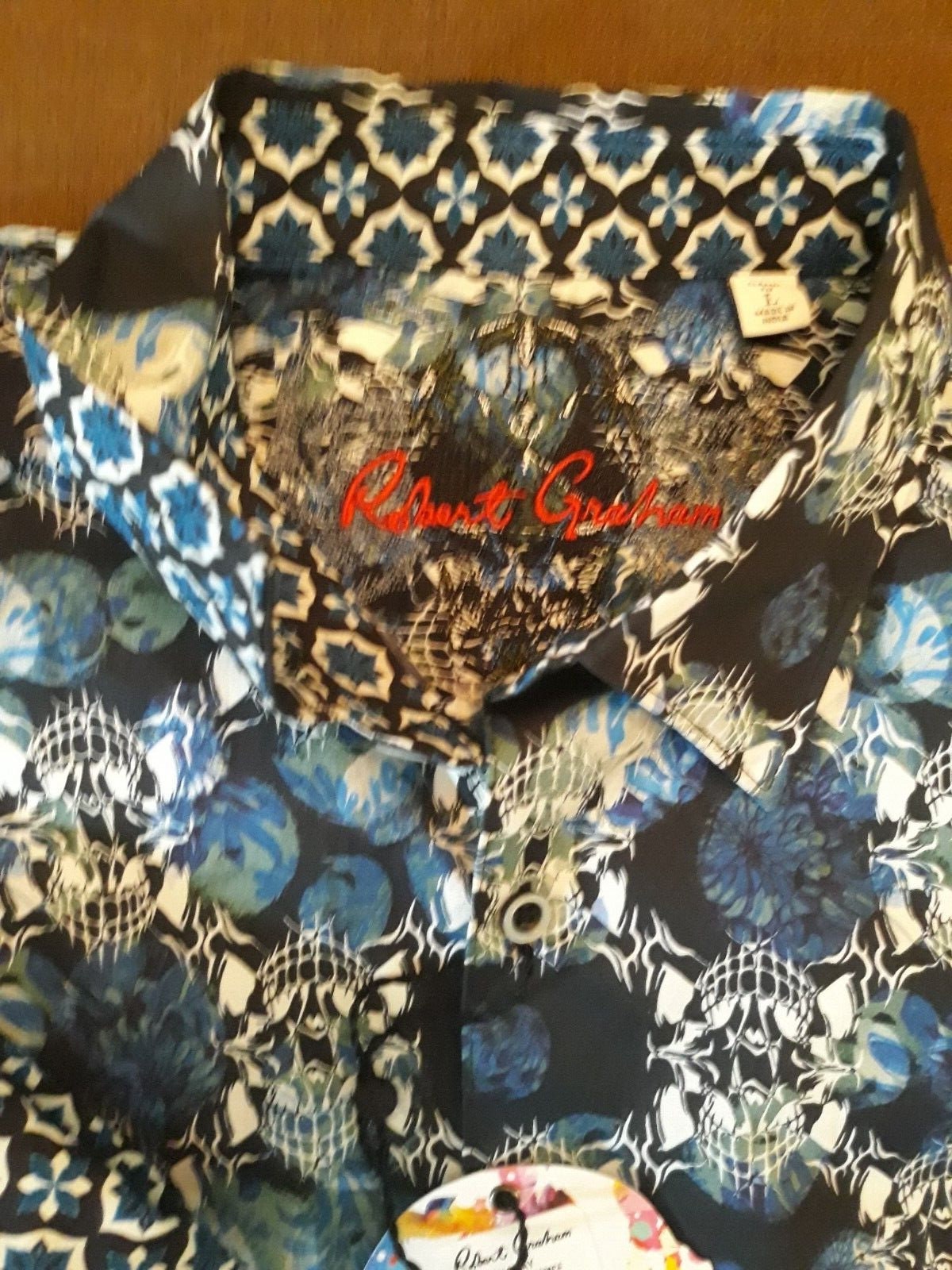 ROBERT GRAHAM Skull Pattern Blue Multicolor Long Sleeve Size L Brand ...