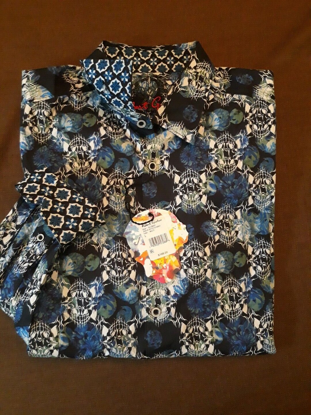 ROBERT GRAHAM Skull Pattern Blue Multicolor Long Sleeve Size L Brand ...
