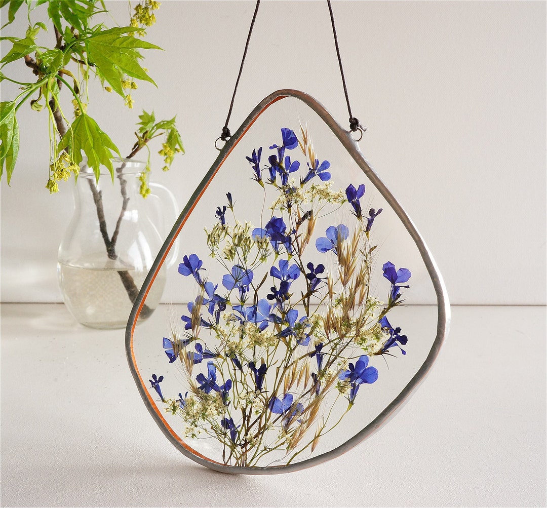 Pressed Blue Flower Frame White Blue Bouquet Floral Wall Hanging ...