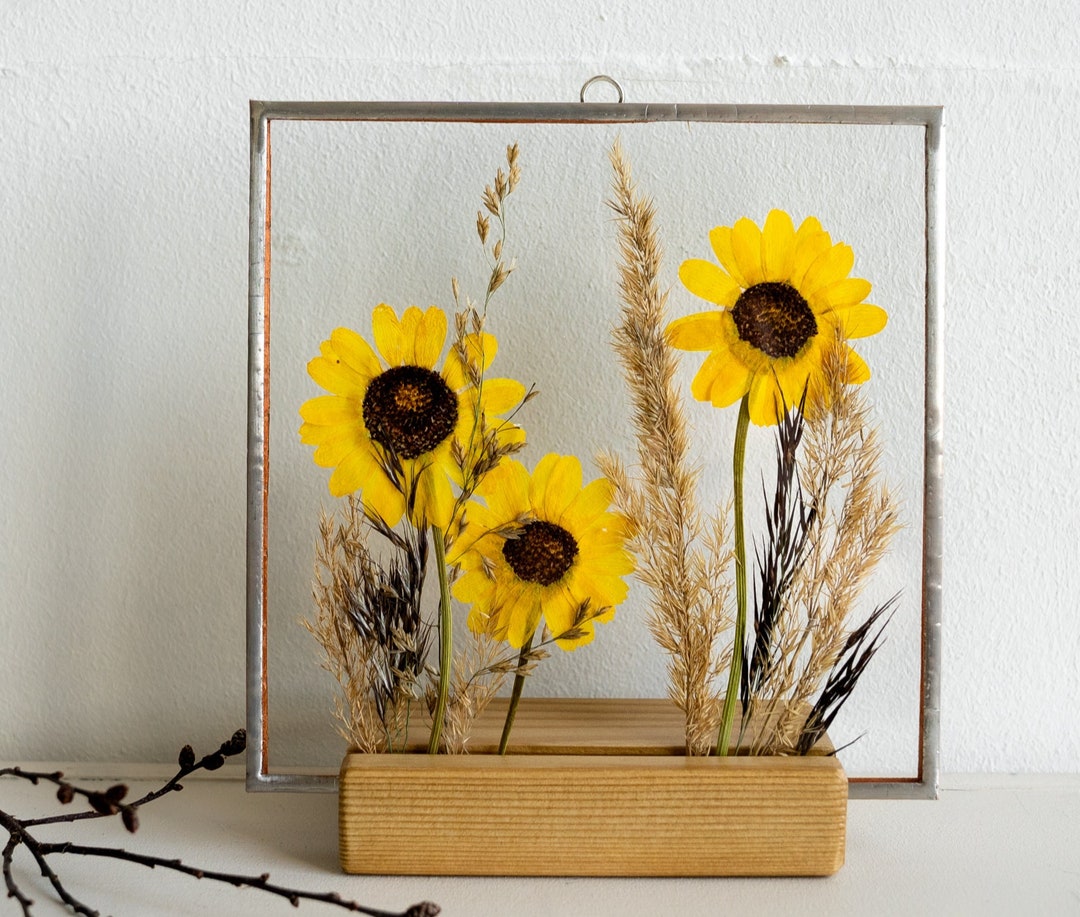 Real Pressed Yellow Flower Frame Mini Sunflowers Meadow Grasses Stain ...