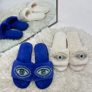 Evil Eye Fluffy Slippers: Open Toe Protective Slippers - Etsy