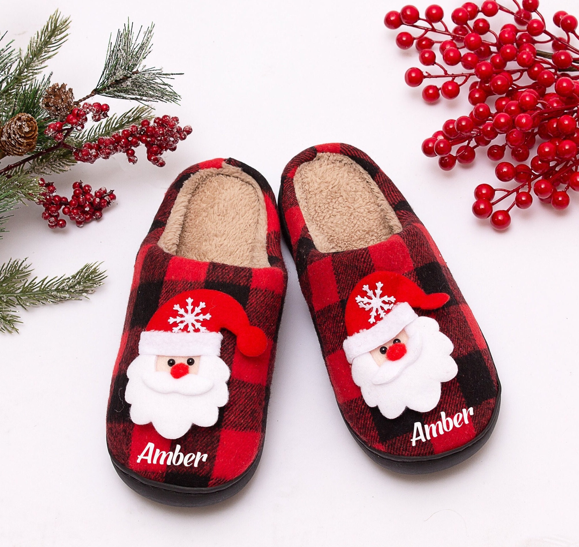 Custom Christmas Slippers: Plaid Santa Slippers, Xmas Gift - Etsy