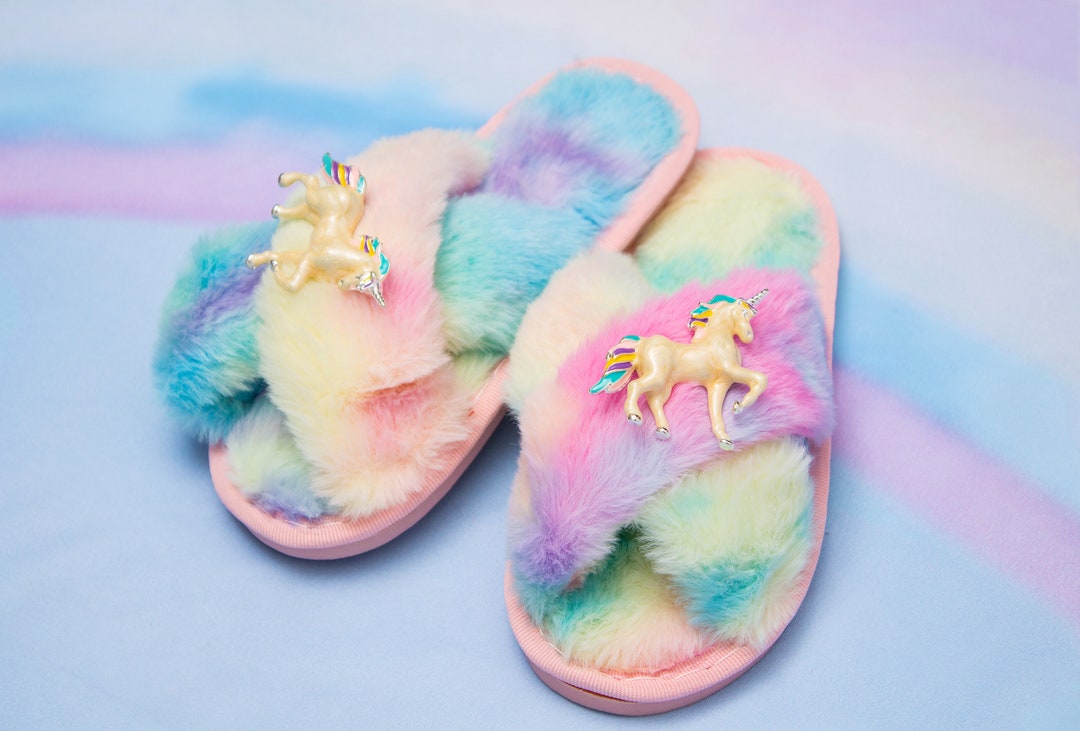 Rainbow Unicorn Slippers for Kids and Adults, Unicorn Fluffy, Fluffy ...