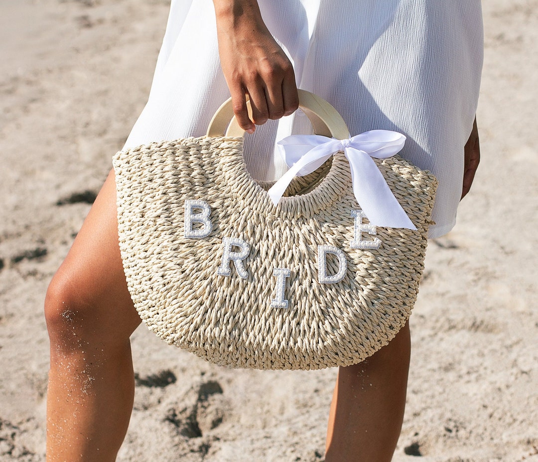 Personalized Bride Straw Beach Bag: Rhinestone Letter Patches - Etsy