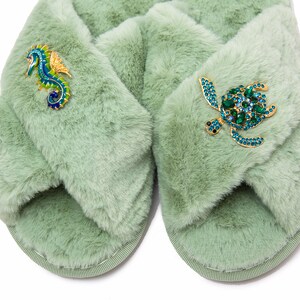 Rhinestone Brooch Slippers: Custom Fluffy Cross Slides - Etsy