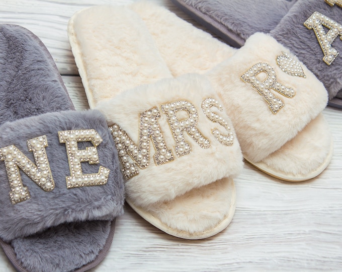 Personalized Fluffy Slippers for Bridesmaids Team Bride Slippers ...