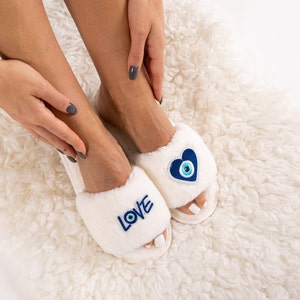 Custom Evil Eye Custom Slippers, Open Toe Fluffy Slippers With Evil Eye ...
