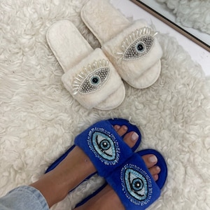Evil Eye Fluffy Slippers: Open Toe Protective Slippers - Etsy