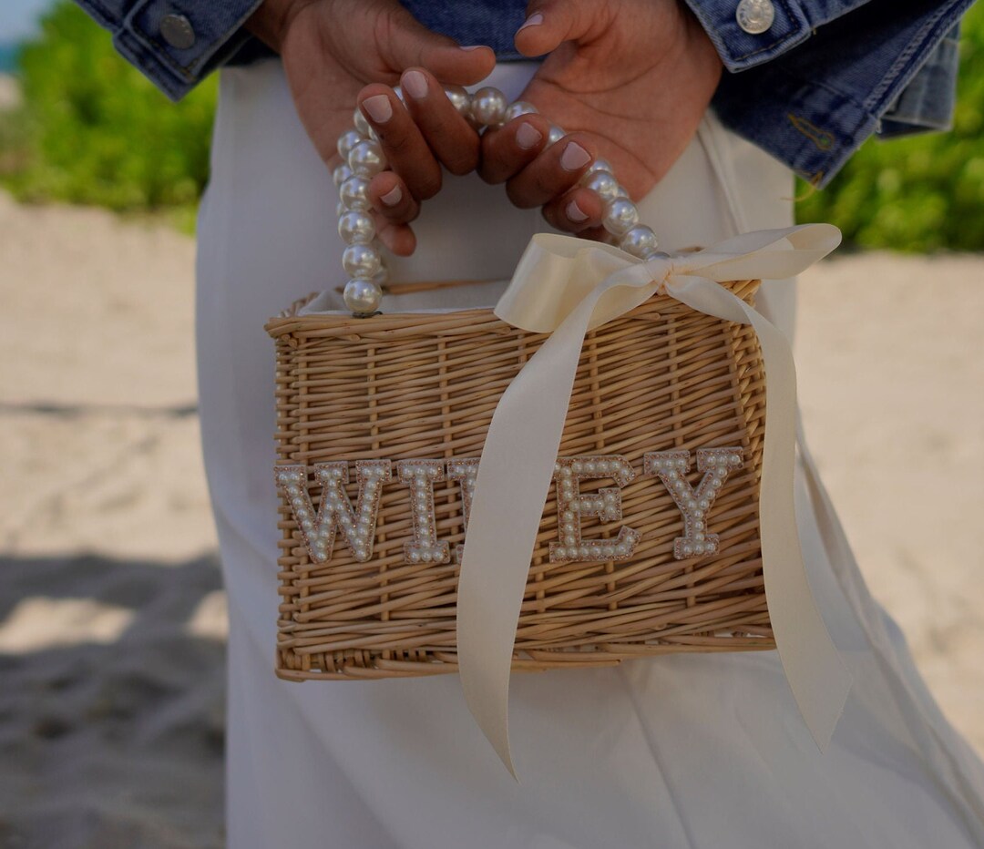 Wifey Bag With Pearls Handle, Customized Straw Bag, Bride Bag, Mrs Bag ...