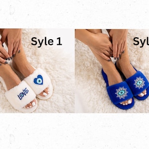 Custom Evil Eye Custom Slippers, Open Toe Fluffy Slippers With Evil Eye ...