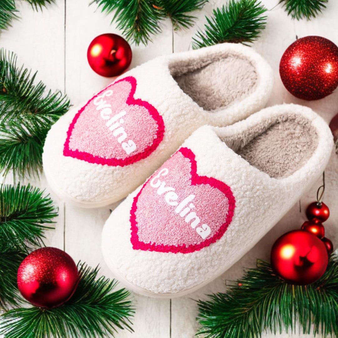 Personalized Christmas Slippers, Custom Name Heart Slippers, Cozy Gift ...