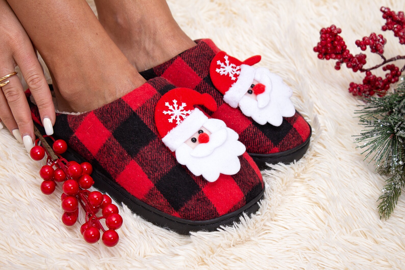 Custom Christmas Slippers: Plaid Santa Slippers, Xmas Gift - Etsy
