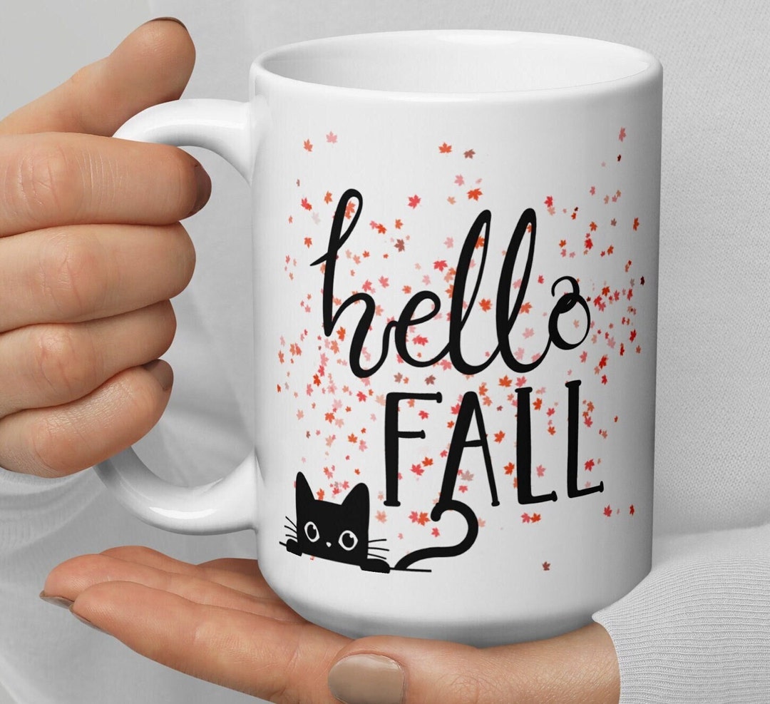 Hello Fall Cat Mug - Cute Coffee Cup With Falling Leaves and Peaking ...
