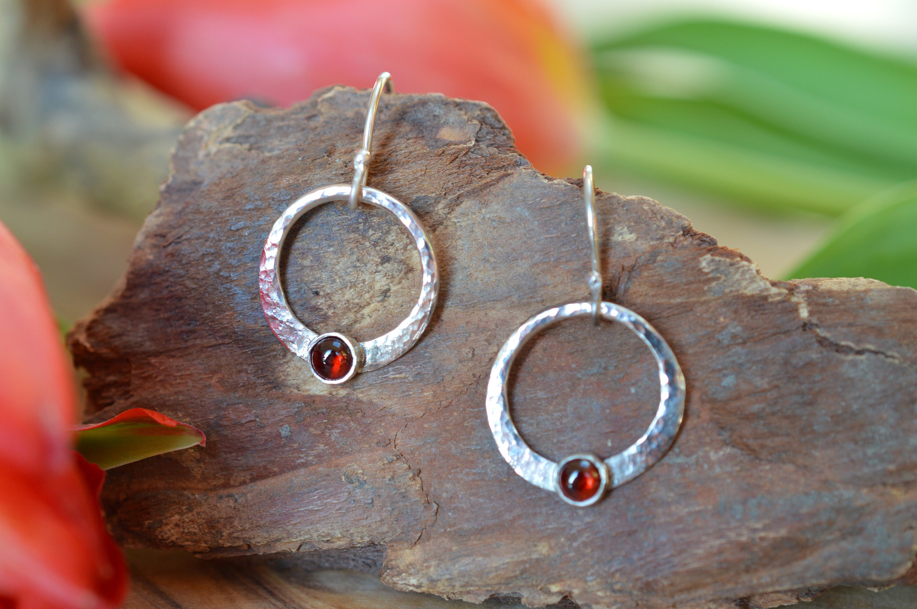 Handmade Sterling Silver Textured Circle Drop Earrings With Garnet ...