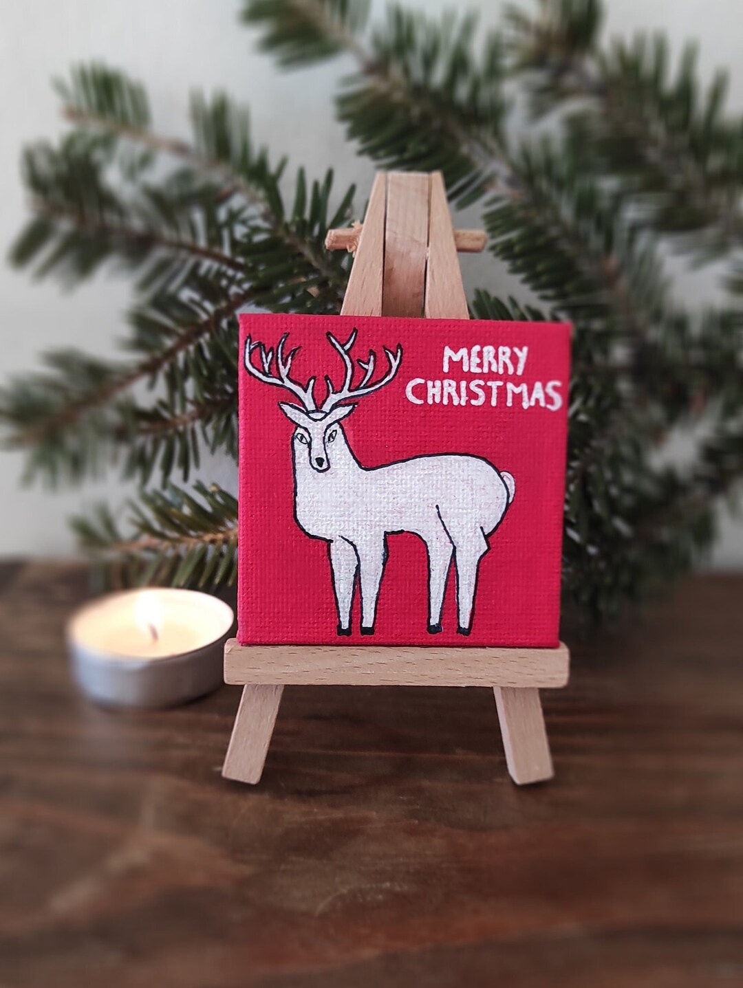 Merry Christmas Raindeer, Handpainted Christmas Art With Easel ...