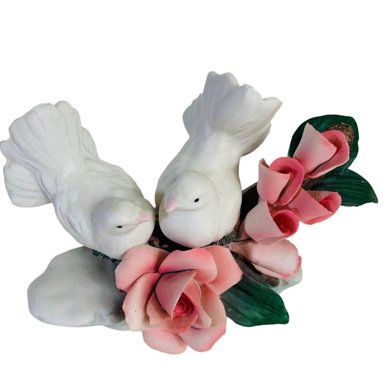 Capodimonte Lovebird Figurine Doves Pink Roses Bird Italian Home Accent ...