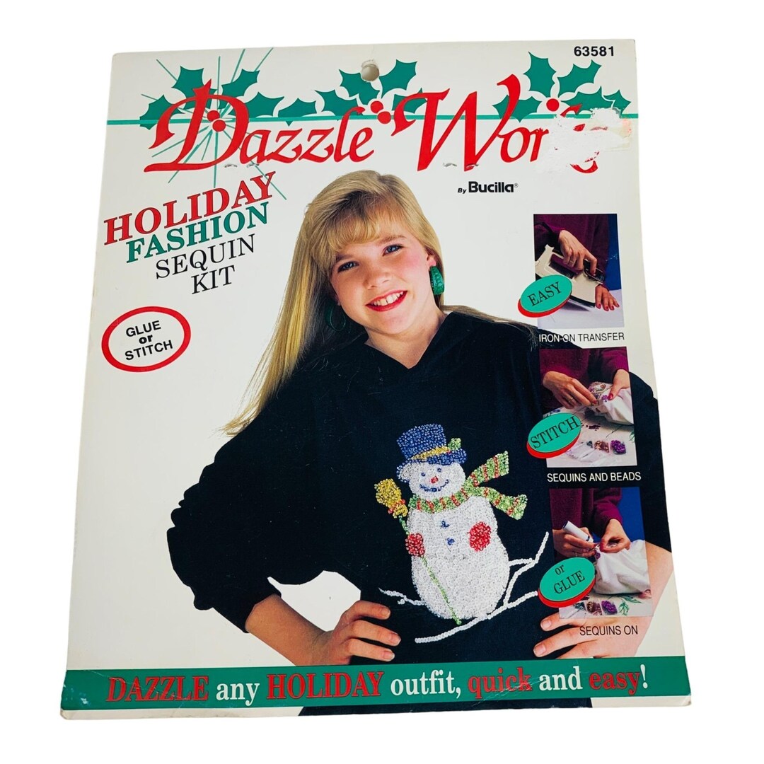 90s Dazzle Works by Bucilla Holiday Fashion Sequins Kit DIY Crafting Christmas Snowman Sweater ...