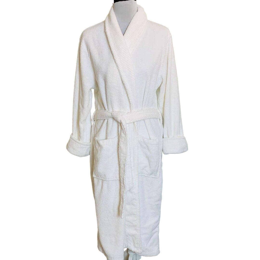 Lands End Luxury White Waffle Spa Robe Size L 100% Cotton Terry ...