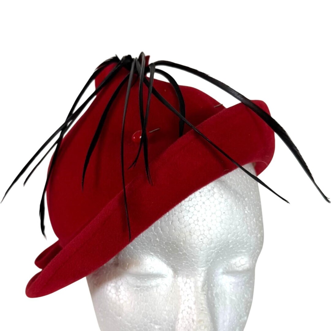 Red Felt Feather Hat VTG 20s Fascinator by Strouss Hirshberg Stage Fashion Church Hat Pin Accent ...
