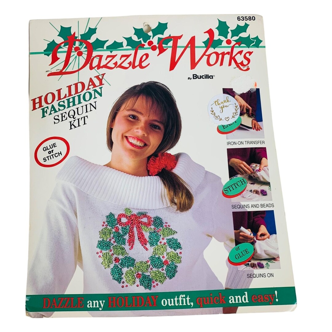 Vintage 1992 Dazzle Works by Bucilla Holiday Fashion Sequins Kit DIY ...