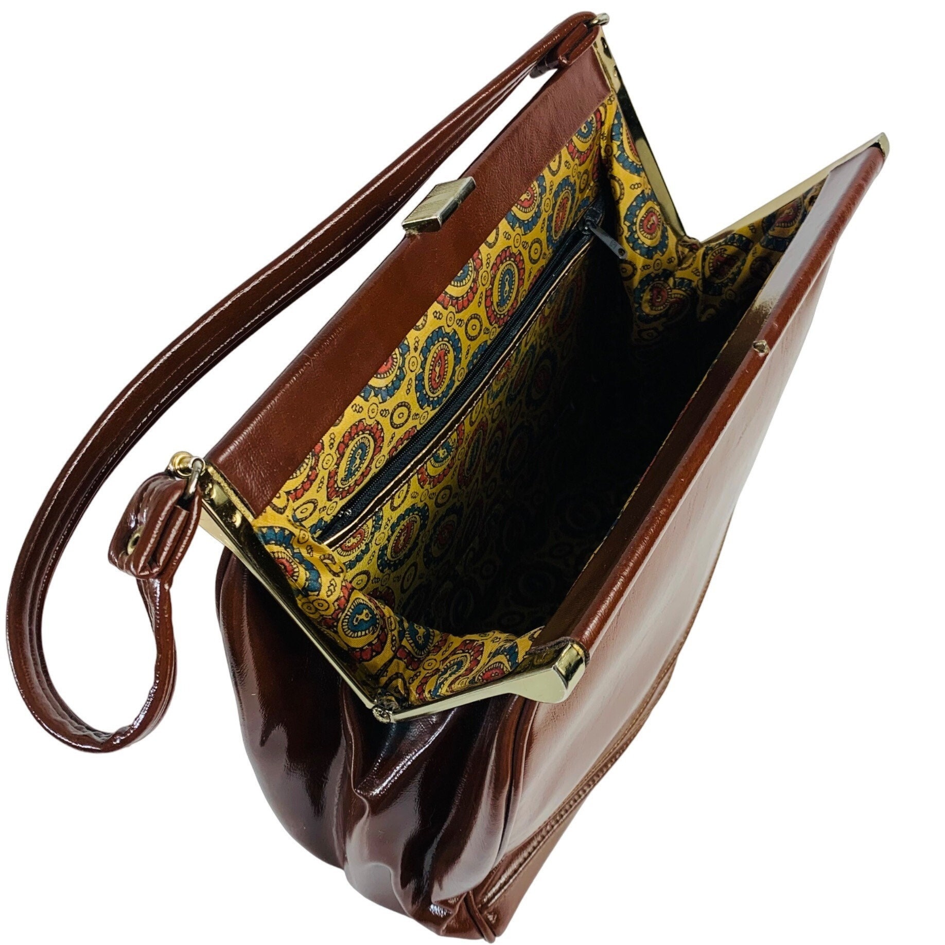 Vintage Womens Retro Top Handle Frame Purse Brown Faux Leather Handbag ...