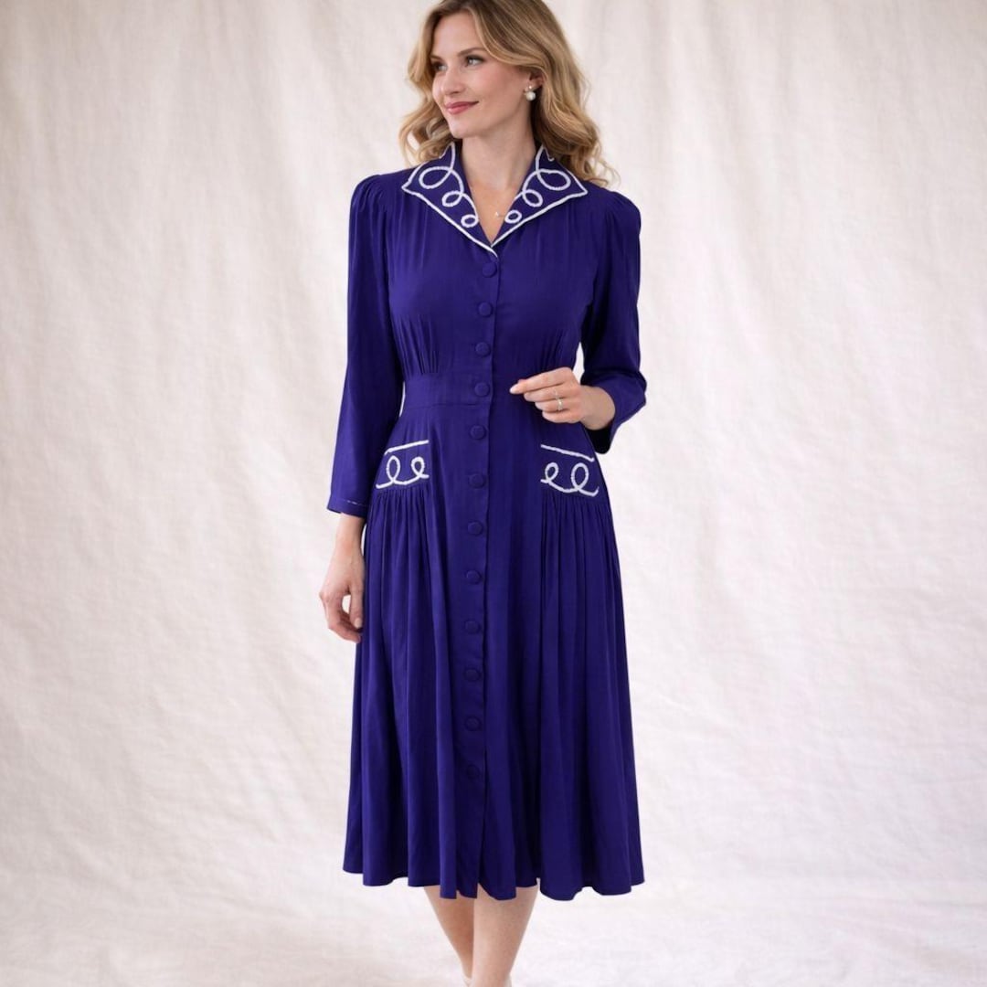 Vintage Karin Stevens 80s Dress Petites, Violet Blue Button Down Midi ...