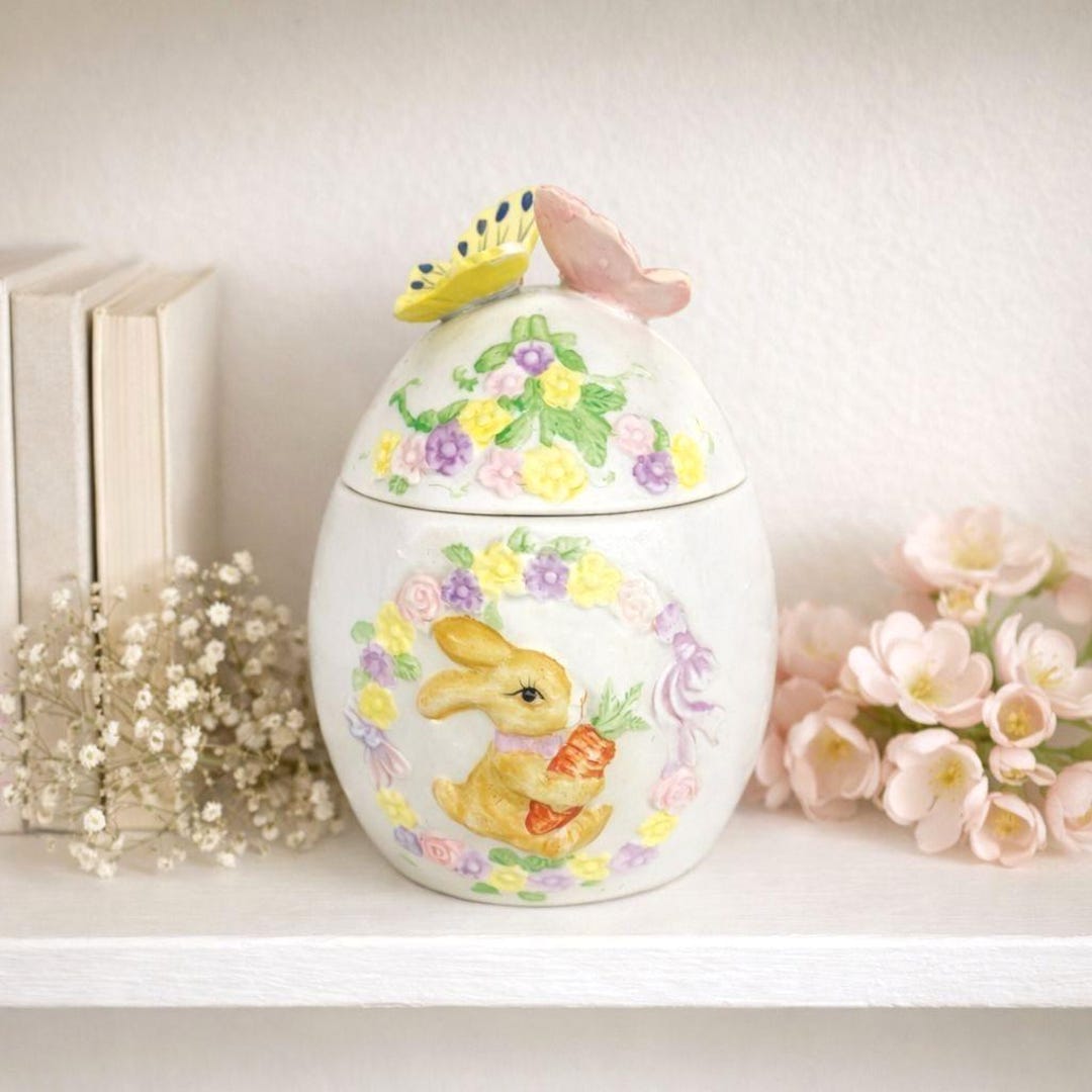 Vintage Easter Egg Trinket Box Bunny Ceramic Pastel Floral Cottagecore ...
