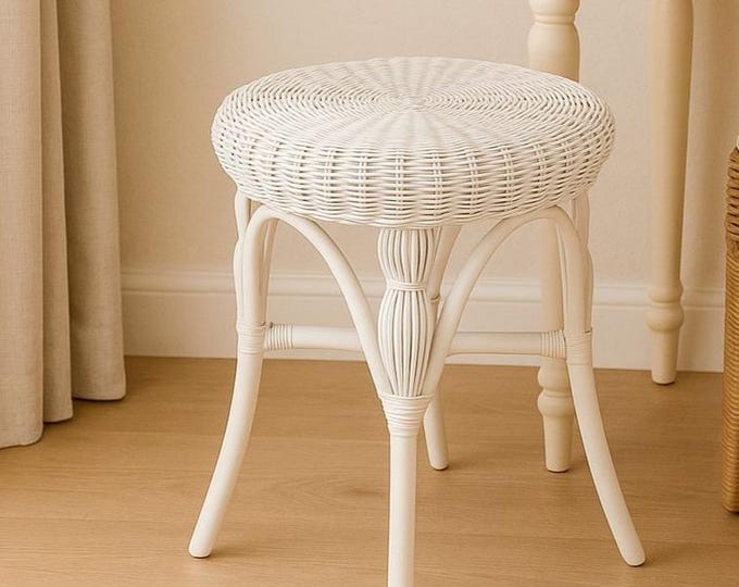 Vintage White Wicker Vanity Stool, Cottagecore Rattan Seat, Coastal ...