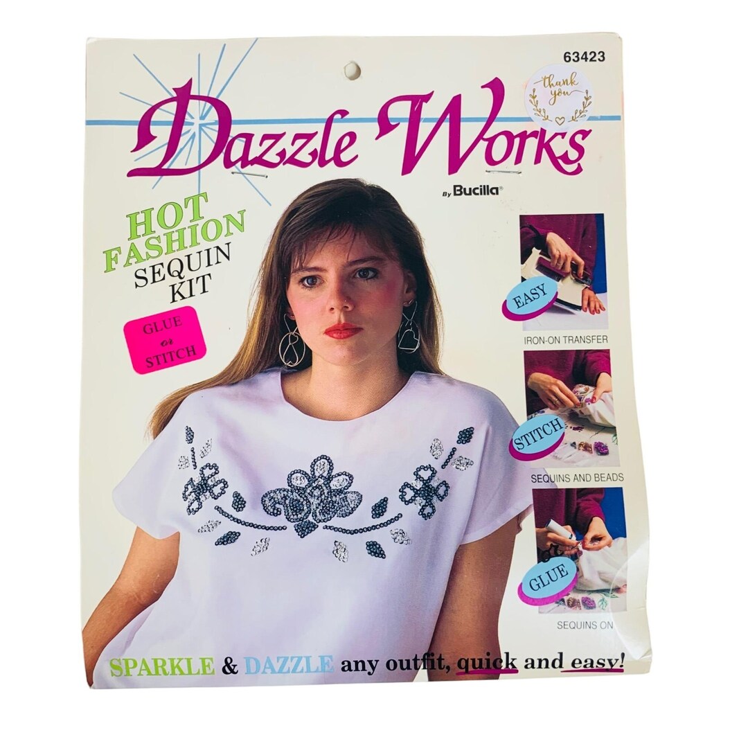 Vintage Dazzle Works by Bucilla Easy DIY Craft 90s Fashion Sequin Kit Daises and Paisley Top VTG ...