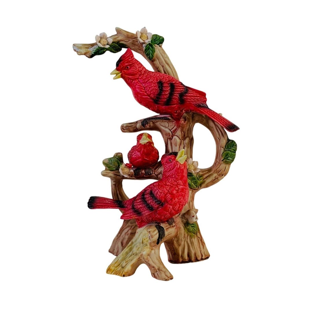 Cardinals of Peace Bird Family Figurine 9 Perched on A Cherry Blossom ...