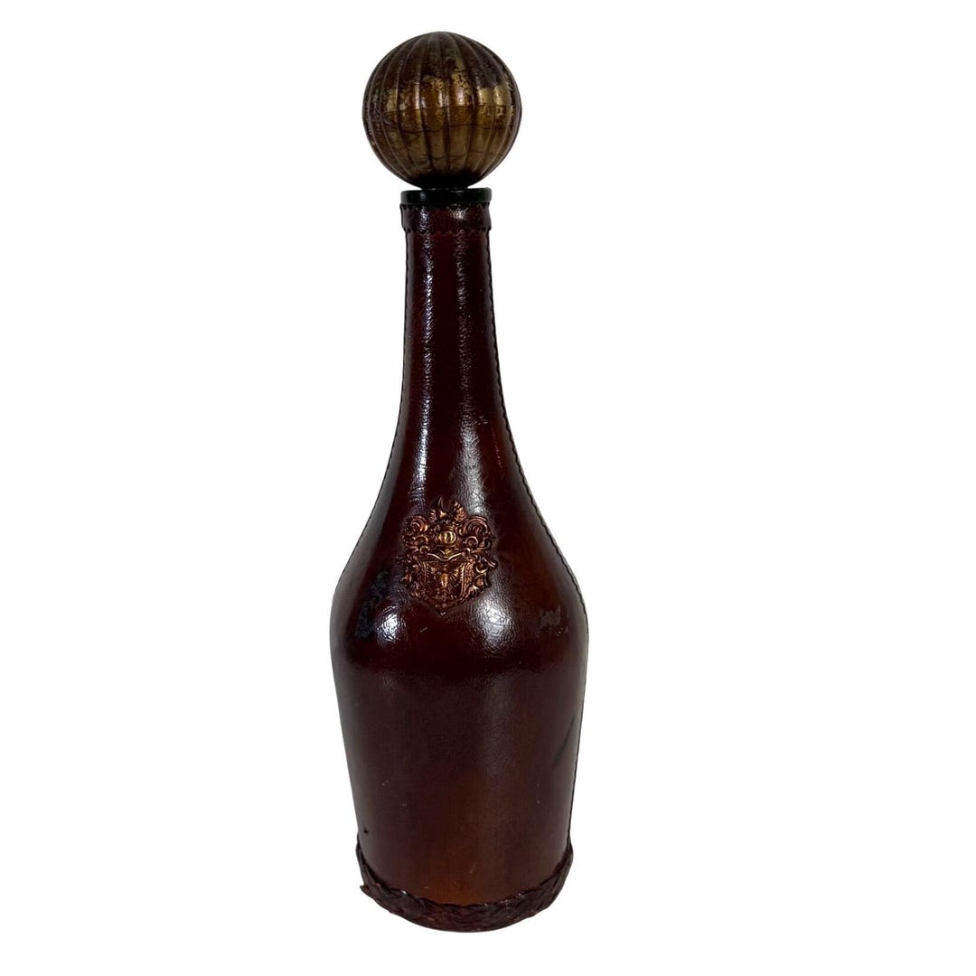 Rustic Decorative Leather Wrapped Bottle Decanter Brown Ornate Crest ...