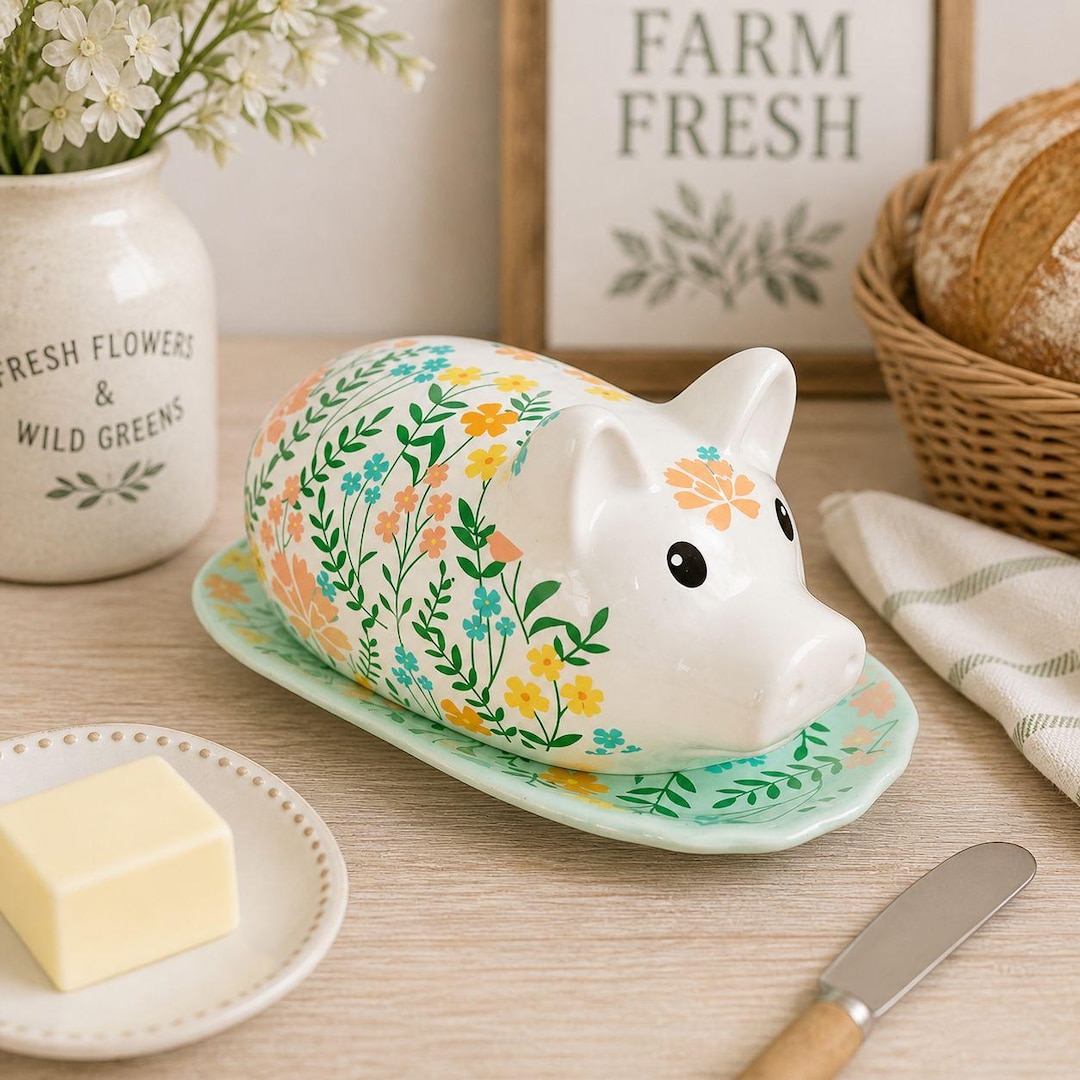 Vintage Floral Pig Covered Butter Dish, Ceramic Wildflower Farmhouse ...
