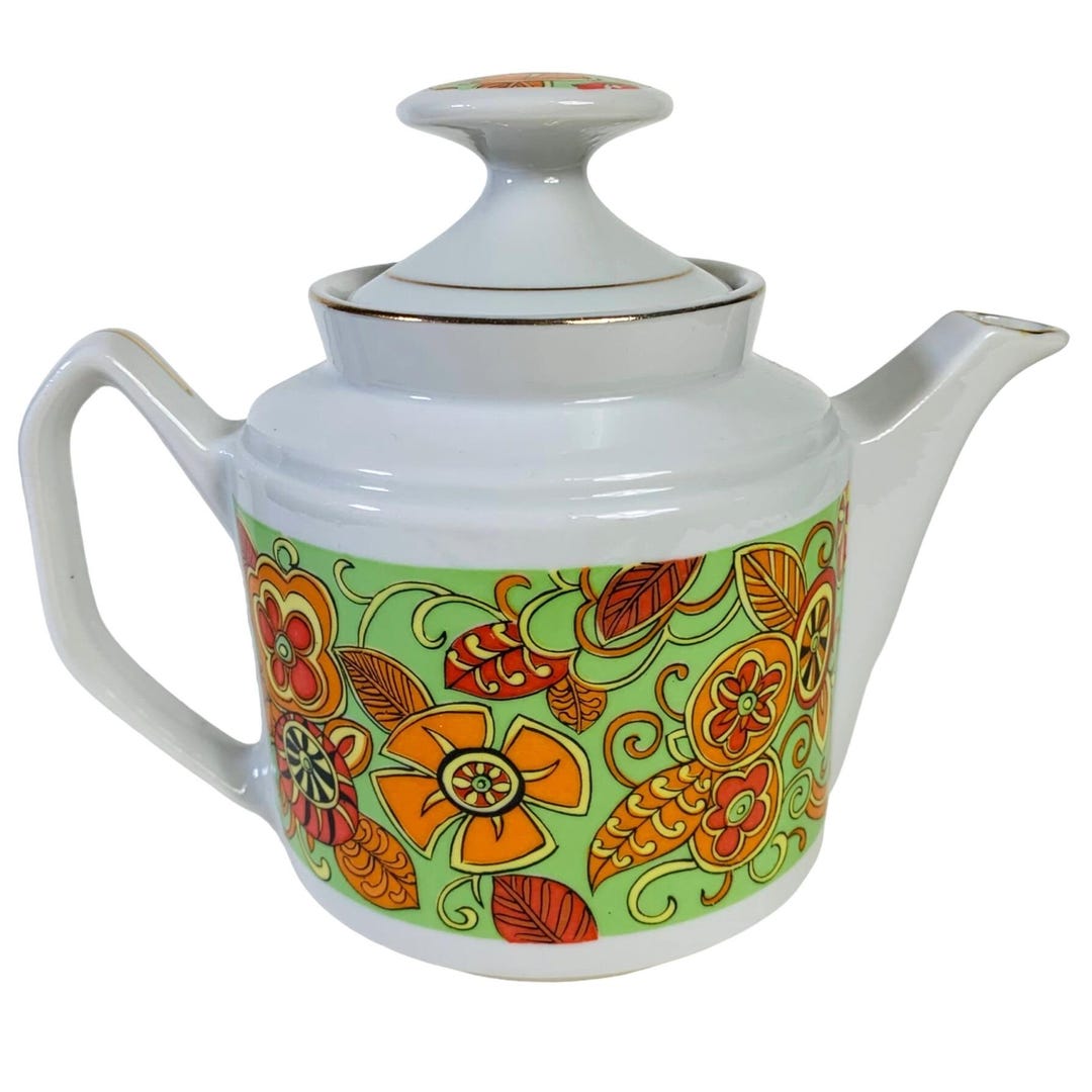 Vintage Retro 70s MCM Tea Pot Orange Flower Child Mod Groovy Motif ...