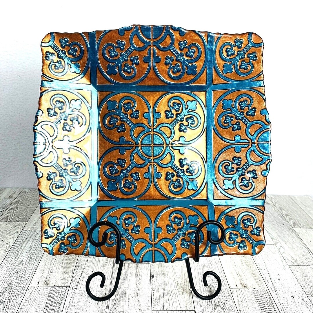 Arda Cam Tudor Decorative Bowl 11 Reverse Painted Square Turquoise ...