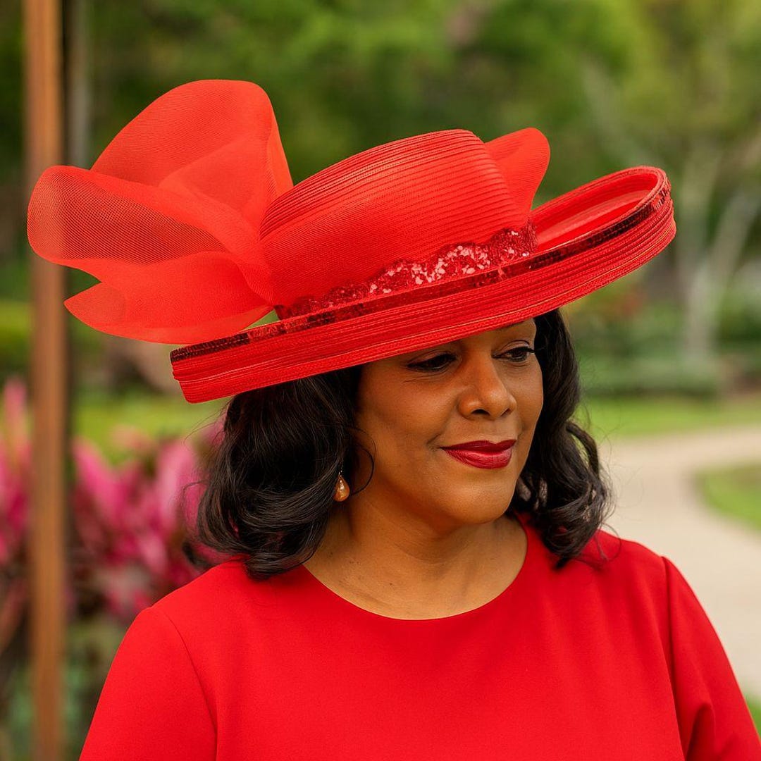 Elegant Red Wide Brim Hat, Flat Top Formal Fashion Tulle Bow Sequin ...