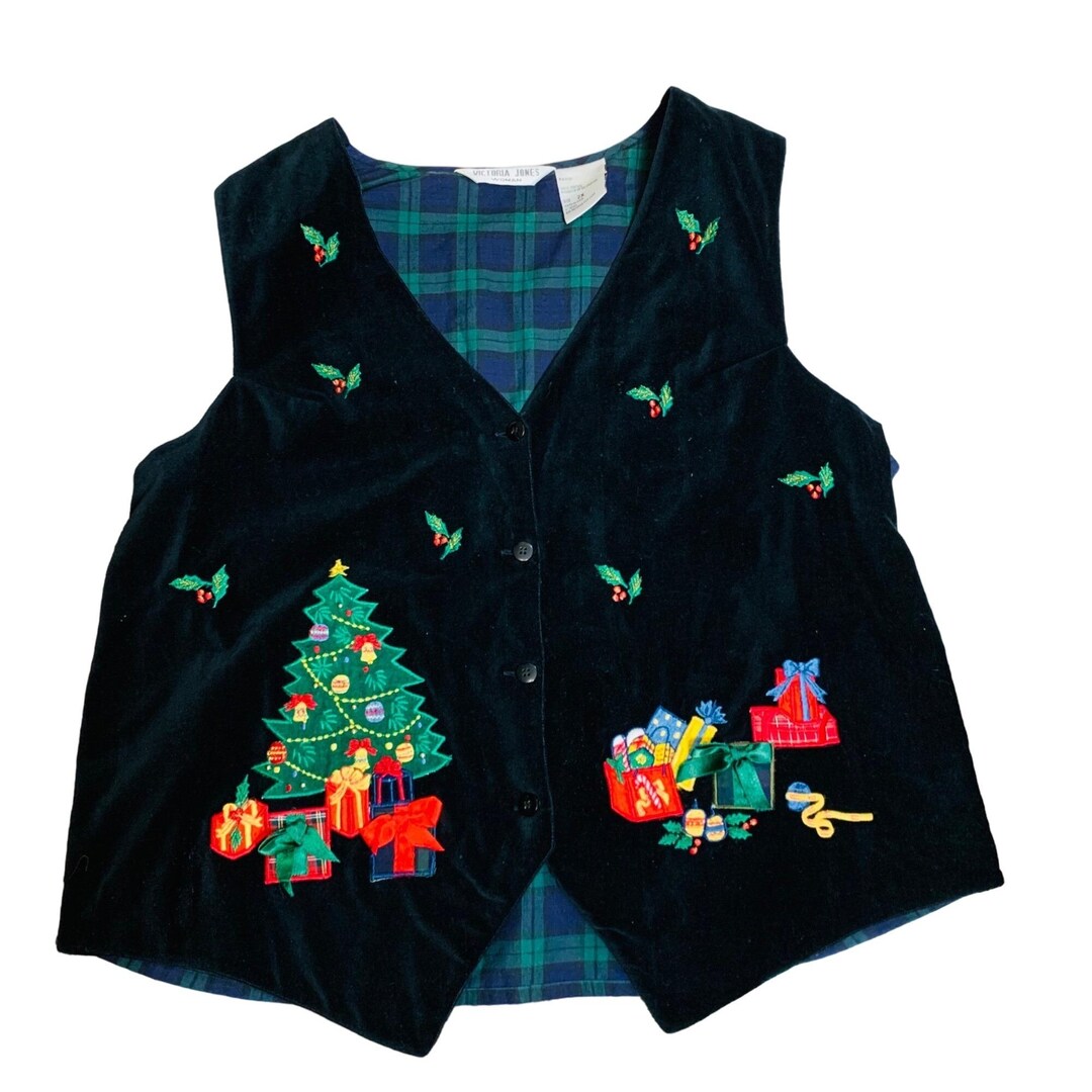 Victoria Jones Woman Christmas Vest 2X Velvet Embroidered Tartan Tie ...