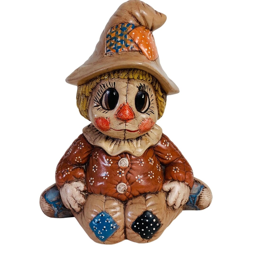 Autumn Ceramic Scarecrow Figurine Patchwork VTG 1986 Stuffed Look Fall ...
