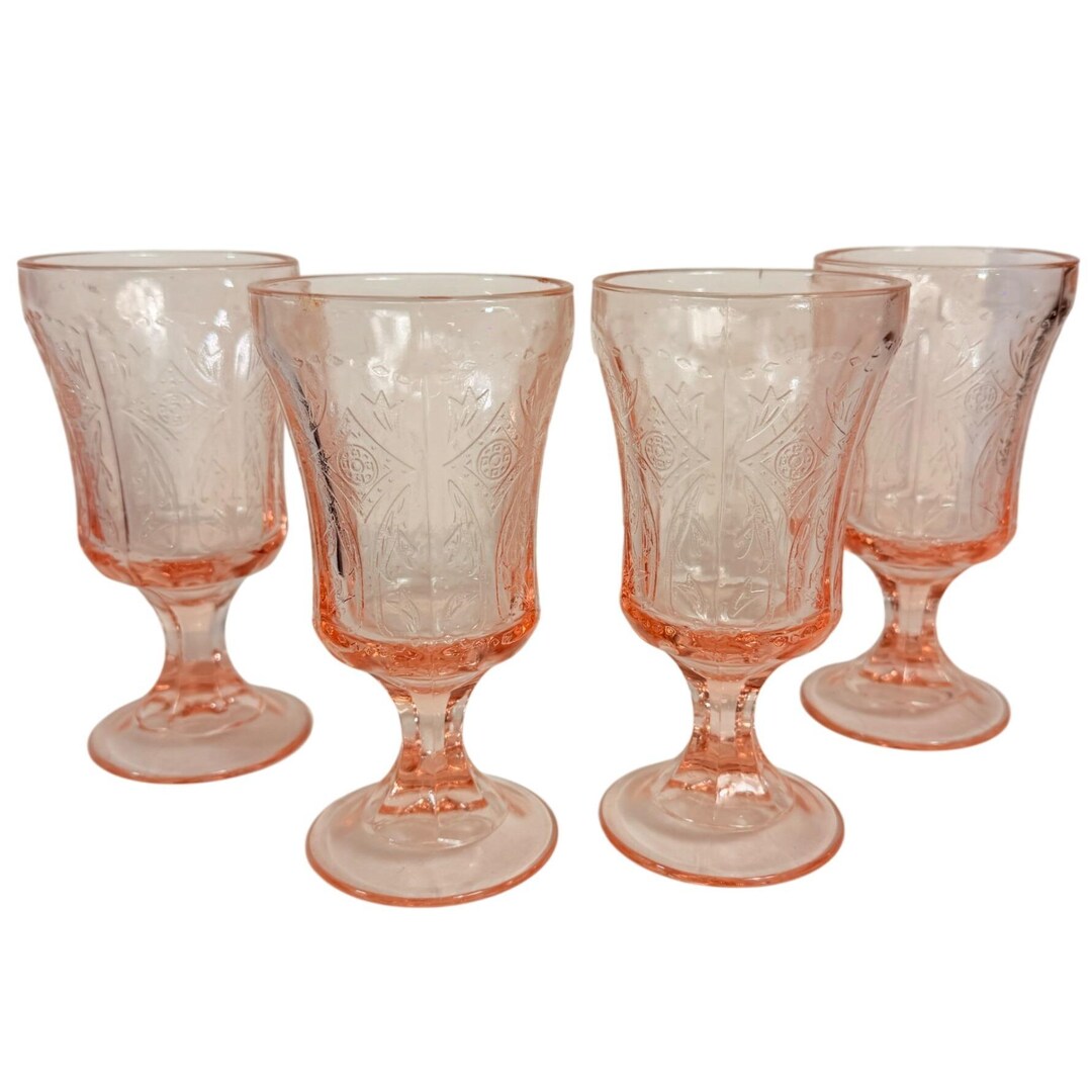 Retro Pink Depression Glass Goblets VTG 70s Set of 4 Drinkware Indiana ...