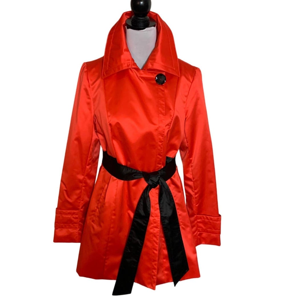 ABS Silver Label Red Sheen Trench Coat Size S Black Belt Retroglam Rain ...