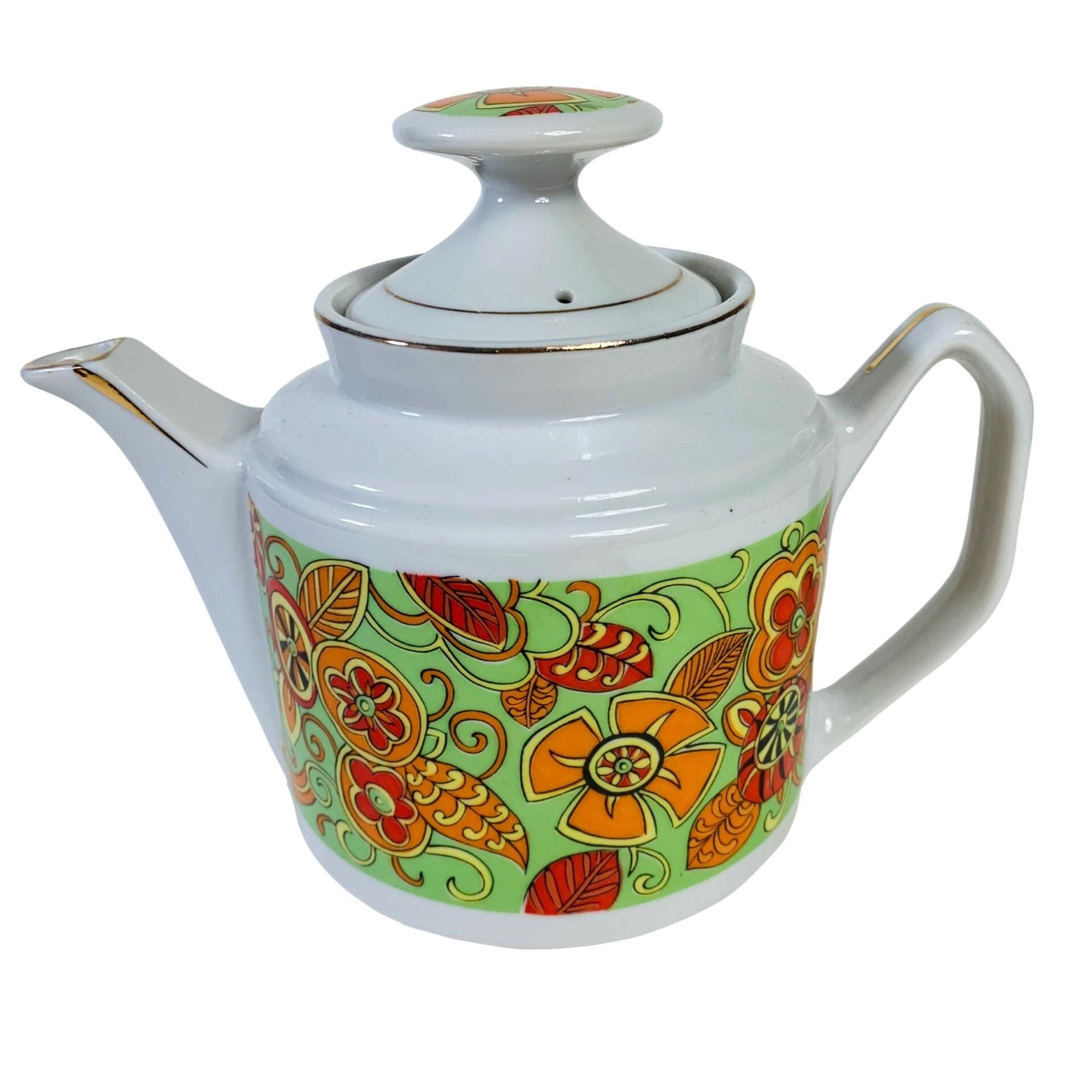 Vintage Retro 70s MCM Tea Pot Orange Flower Child Mod Groovy Motif ...
