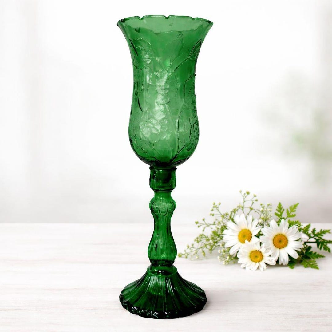 Vintage Romantic Green Glass Hurricane Vase, Emerald Embossed Daisy ...
